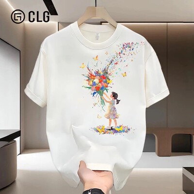 香港CLG潮牌白色纯棉260g重磅短袖T恤夏美式潮流印花宽松圆领上衣