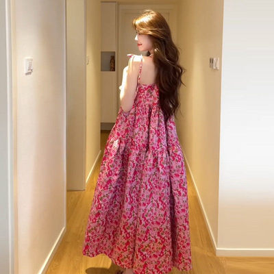 英国DGKP法式气质玫红色碎花吊带连衣裙女夏季2026海边高级感长裙