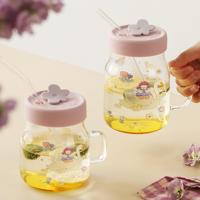 蓝莲花羡鸟文社玻璃杯吸管杯带刻度办公室水杯果汁饮料奶茶杯子夏