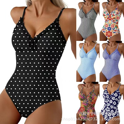 新款连体花朵印花式性感泳衣floral deep v skirted swimsuit