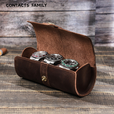 CONTACTS FAMILY复古疯马皮手表盒创意圆形搭扣真皮收纳盒三只装