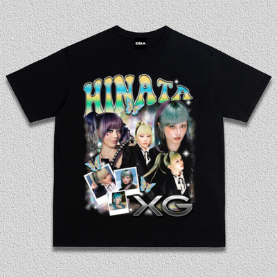 HINATA韩国XG女团美式宽松圆领纯棉短袖重磅复古做旧水洗男女T恤