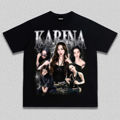 Karina柳智敏复古重磅纯棉Aespa女团周边短袖美式水洗做旧宽松T恤