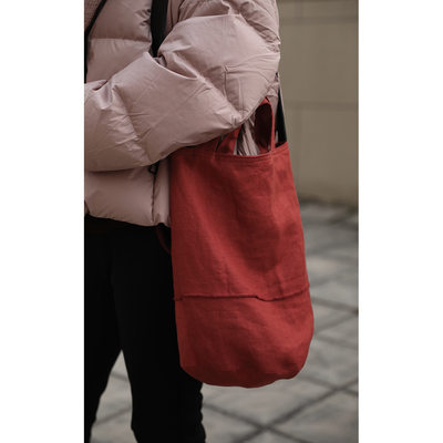 复古红色桶包纯亚麻头层牛皮包带新年包包桶包单肩包斜挎包