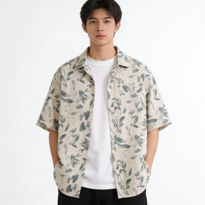 夏季轻薄亚麻舒适百搭满印衬衫男