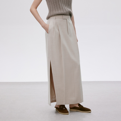 CHICC3混色亲肤绒高密莱卡羊毛呢简约设计感侧开叉半裙长裙