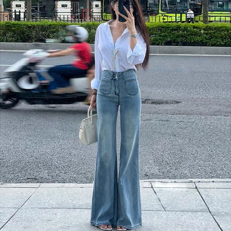 浅色高腰微喇牛仔裤女2026夏季新款显瘦喇叭阔腿长裤