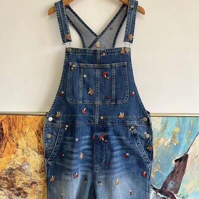 重工可爱蘑菇刺绣牛仔背带裤