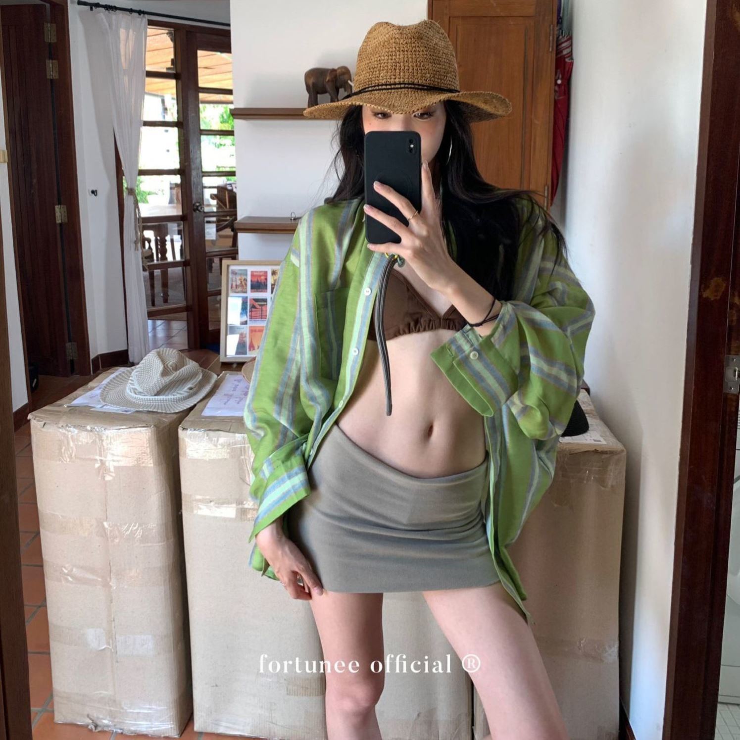 绿条纹廓形防晒宽松长袖衬衫女夏季新款比基尼套装泳衣海岛度假