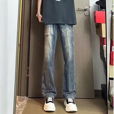 美式高街修身直筒牛仔裤男款显高水洗工装伐木裤弯刀老爹长裤男潮