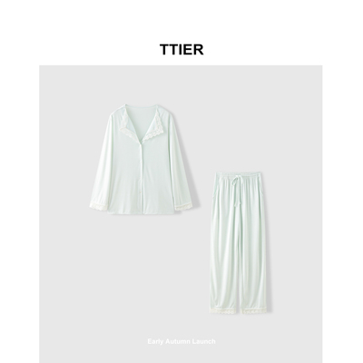 【TTIER】女士花边翻领长袖长裤套装