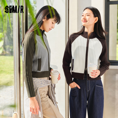 森马针织开衫女短款立领插肩袖2024新款春季气质撞色宽松毛衫复古