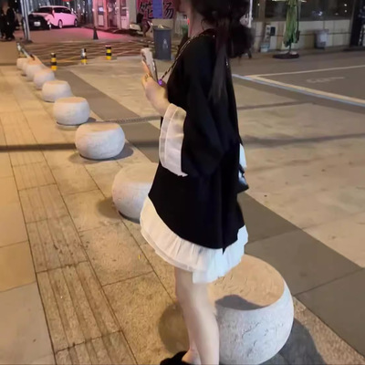 日系george melis秋季新款时尚褶皱荷叶边拼接宽松减龄连衣裙