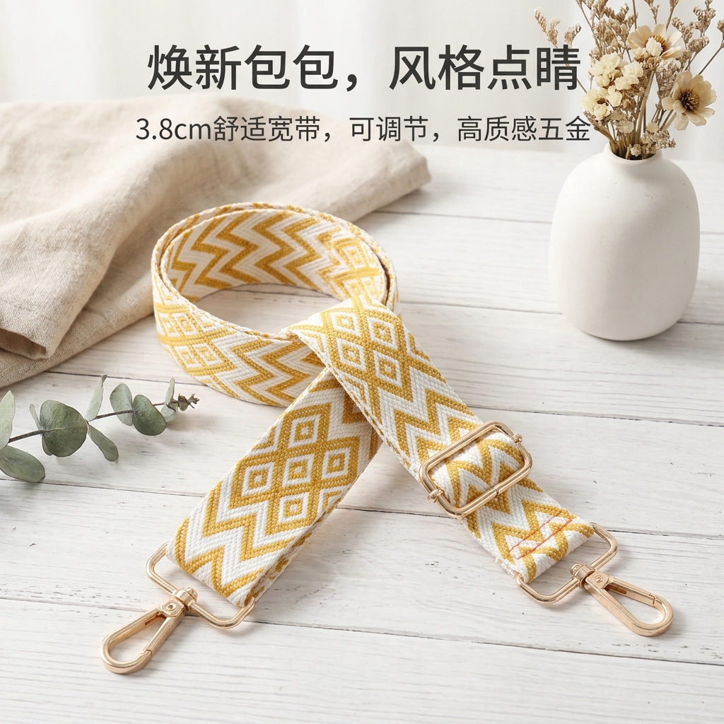 清新暖黄波浪几何织带肩带可调温柔女包单肩斜挎通用改造更换背带