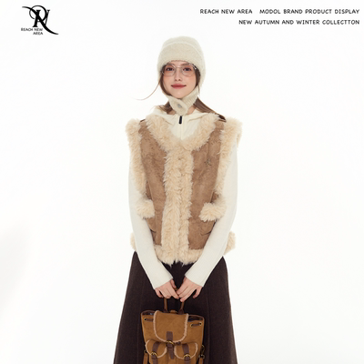 REACH高级感金属标毛绒拼接麂皮绒马甲女冬新款加厚保暖背心外套