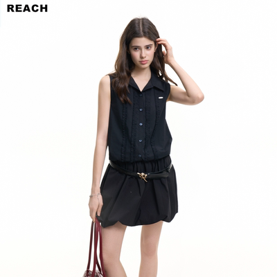 REACH小众设计竖条褶皱花边无袖衬衫女夏季新款收腰显瘦百搭背心