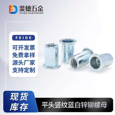 铆螺母平头竖纹通孔铁质拉铆螺母铁镀锌拉帽大边竖纹彩锌拉铆螺母
