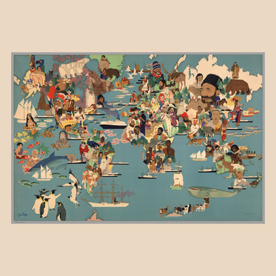 世界插画地图海报 地球人种动物物产人文地理复古装饰画客厅墙画