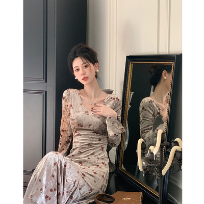 小婉yoon温柔风丝绒碎花连衣裙女