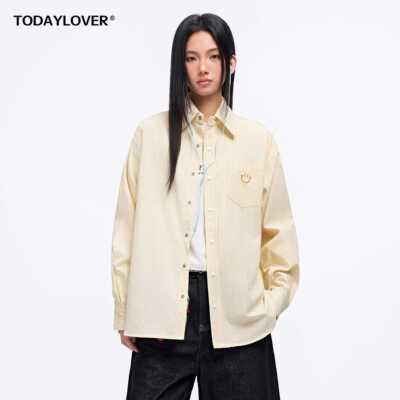 TODAYLOVER条纹长袖衬衫女春季潮牌新款笑脸宽松刺绣休闲衬衣外套