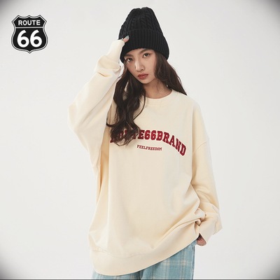 ROUTE66秋季重磅圆领卫衣男潮牌美式复古情侣装潮加绒男女款上衣