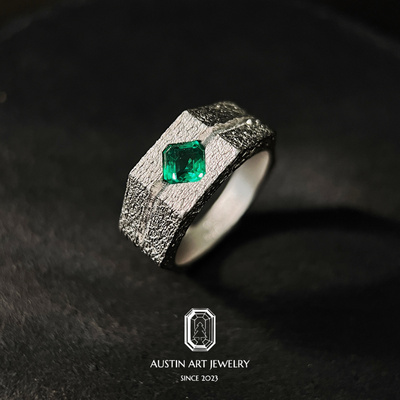 AUSTIN翱森·枯木逢春 男戒 宝石级培育祖母绿 木纹风 银镀18K金