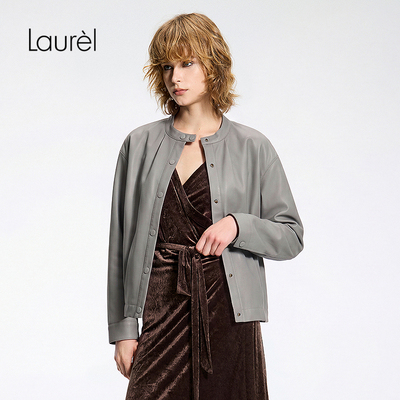 【羊皮革】Laurel劳芮26早秋新款浅灰立领短款皮衣LWD376X00300
