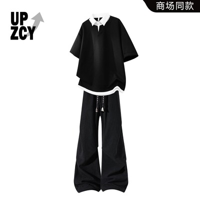 UPZCY韩流假两件翻领短袖T恤男夏季时尚休闲拼接文艺风男装两件套