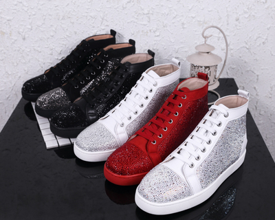 欧美新品CLАE红底鞋水钻高帮cl男鞋铆钉个性真皮女鞋烫钻系带