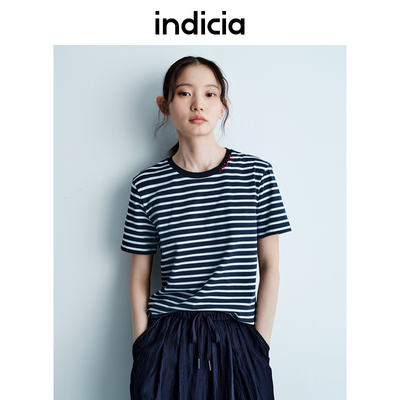 indicia标记25夏新款经典条纹短袖正肩T恤简约文艺女L2B5TX025
