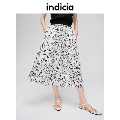 indicia标记法式印花半身裙a字型女夏季碎花裙子黑白6B405QZ289C