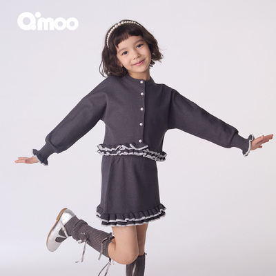 Qimoo淇木25秋季新款童装女童撞色荷叶边针织开衫QSS3NP233B