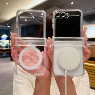 适用三星ZFlip6磁吸手机壳TPU+PC内防摔带中轴二合一透明全包壳