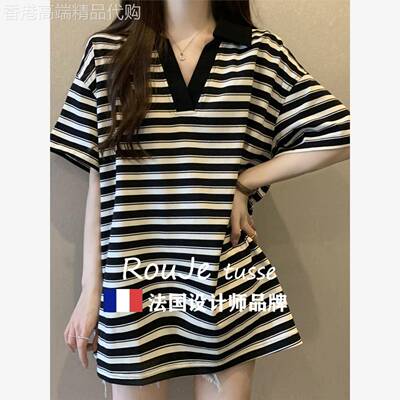 Rouje Tusse加码妇女的腹部覆盖条纹马球领短袖t恤的肥胖妇女，宽