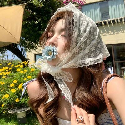 Vintage Triangle Head Scarf   Square Lace Bandana   Korean F