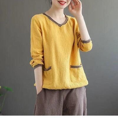Floral V-neck long sleeved cotton and linen pullover top