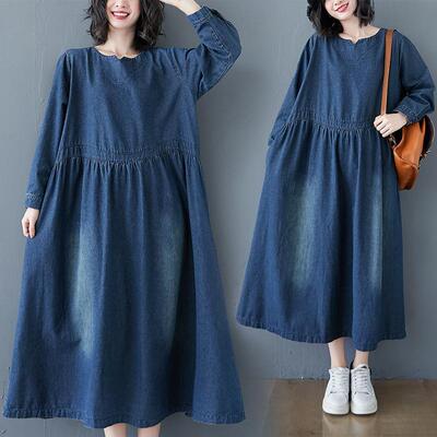 Long sleeved denim dress, mid length skirt