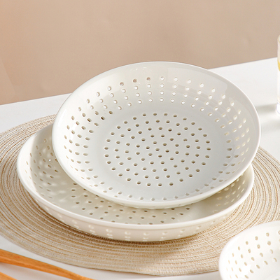 陶瓷多孔蒸盘饺子盘创意家用圆形蒸碟蒸海鲜沥水水果盘微波炉蒸笼