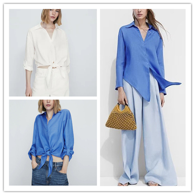 MD女装2026夏季新品蓝色正面结饰舒适亚麻休闲百搭长袖衬衫上衣