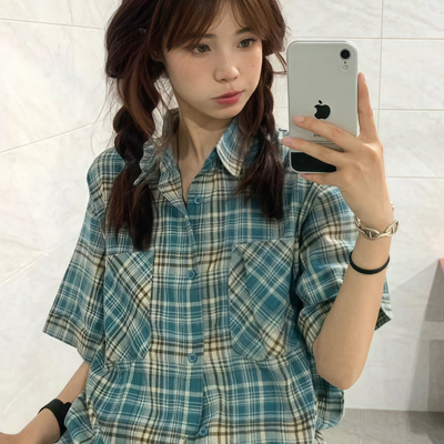 复古蓝色格纹短袖衬衫女百搭小众