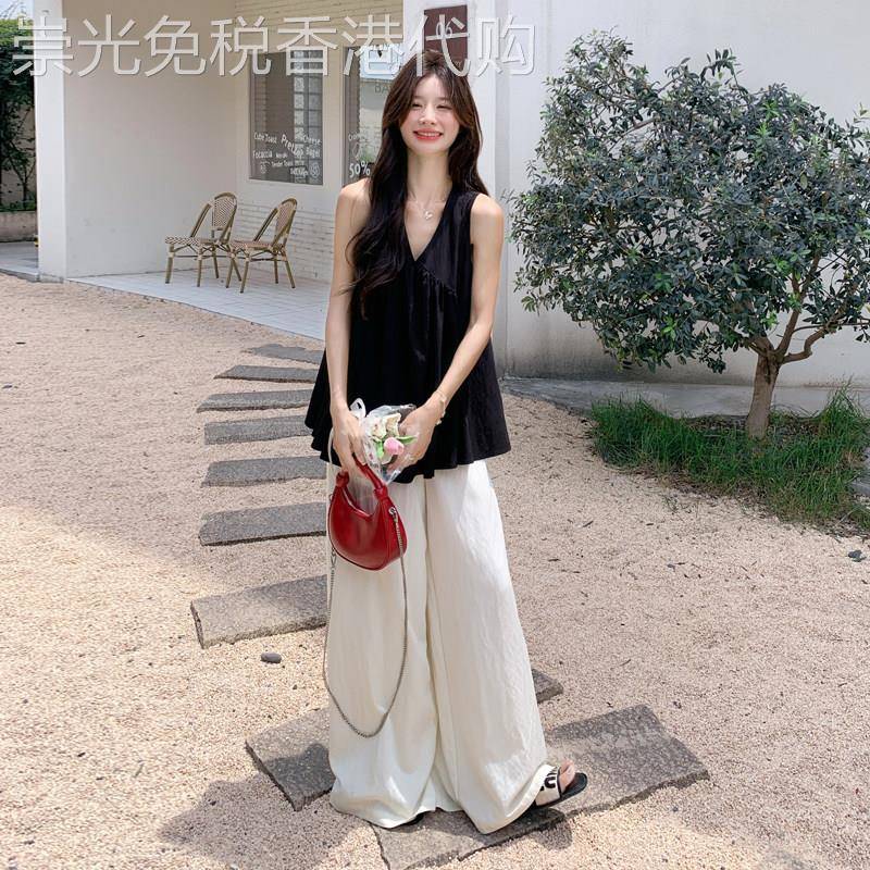黑色V领无袖背心阔腿裤两件套女2026夏季新款法式高级松弛感套装
