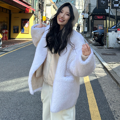 elsissi V领皮毛一体毛毛外套女2025秋冬季环保皮草慵懒风羊毛