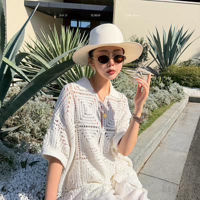 爱姐ELSISSI复古提花镂空翻领宽松开衫女新款春装度假风衬衫上衣