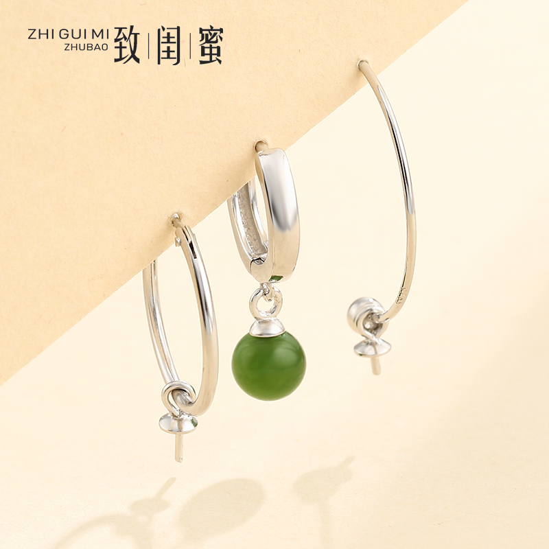 S925纯银镀18k金耳环空托镶蜜蜡圆珠珍珠耳钩空托diy耳扣耳钉托_虎窝淘