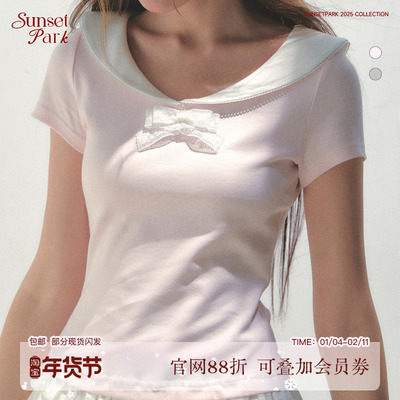 SunsetPark日落公园 Daily_彼得潘领蕾丝蝴蝶结复古短袖T恤上衣