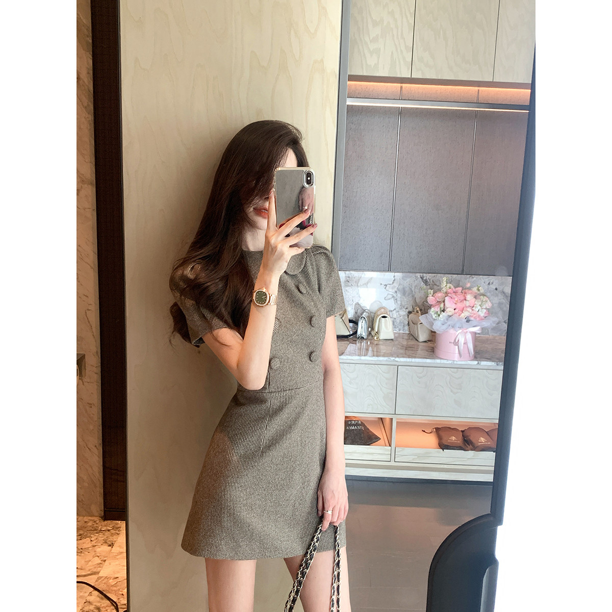 JustQin【复古茶会】2026新款夏装收腰短裙气质性感显瘦连衣裙女