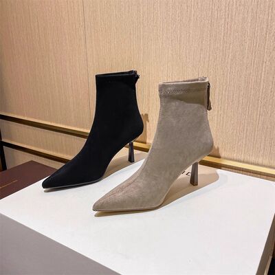 百搭短靴女小跟高跟鞋冬季加绒尖头细跟绒面弹力靴舒适法式瘦瘦靴