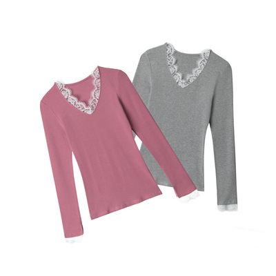 HeyHenry 2025秋冬蕾丝拼接内搭打底衫女性感修身V领长袖T恤上衣