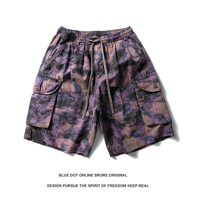 日系复古青年纯棉重磅迷彩工装五分裤子潮牌宽松直筒休闲短裤男女