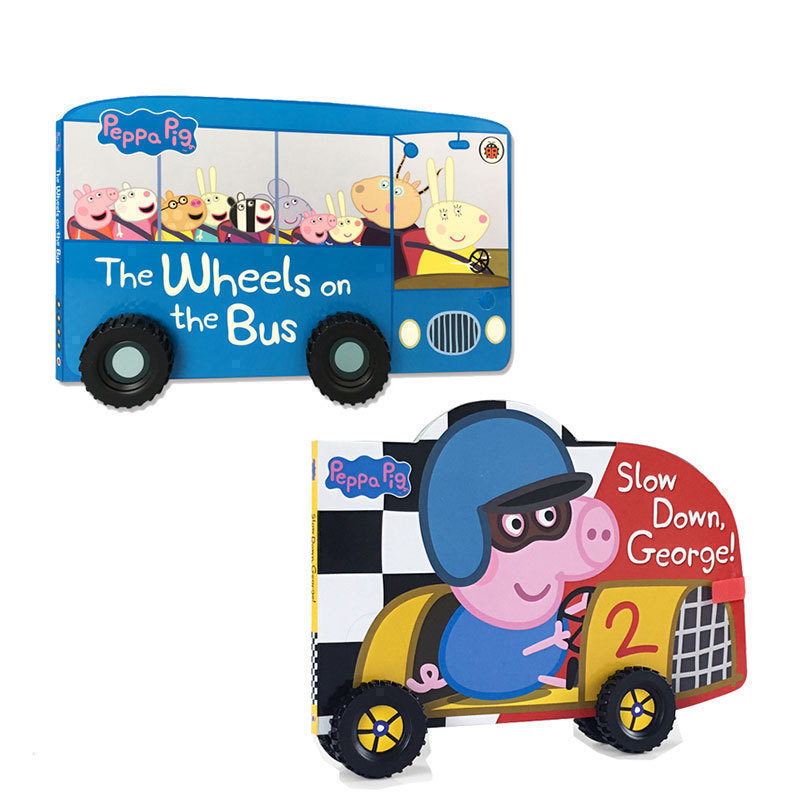 英文原版 2册趣味玩具纸板书 Peppa Pig: The Wheels on the Bus+Slow Down, Peppa!佩佩猪小妹 ...